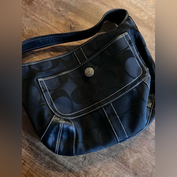 Coach | Bags | Coach Black Canvas Monogram Shoulder Bag White Stitching ...